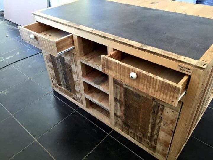 Pallet Sideboard with Drawers, Cabinets & Folding Bar
